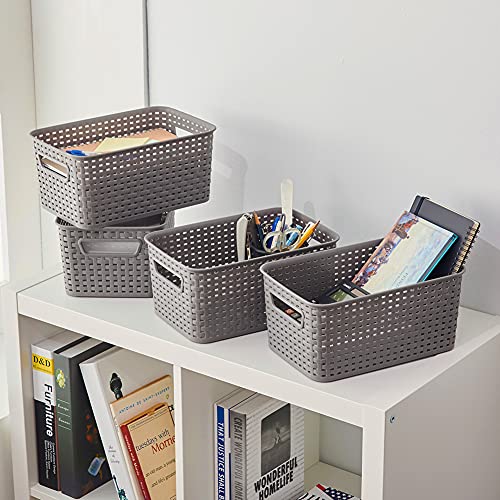 EZOWare Pack of 4 Small Gray Plastic Woven Knit Baskets, 11 x 7.3 x 5 inch Storage Organizer Bins Boxes For Office, Classroom, Desktop, Drawer and More