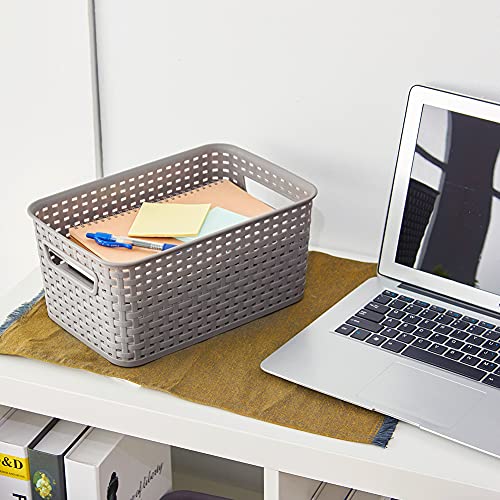 EZOWare Pack of 4 Small Gray Plastic Woven Knit Baskets, 11 x 7.3 x 5 inch Storage Organizer Bins Boxes For Office, Classroom, Desktop, Drawer and More