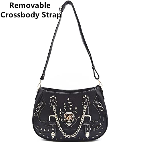 WESTERN ORIGIN Punk Gothic Skull Chain Crossbody Handbag Removable Strap Purse Women Single Shoulder Bag/Wallet Black