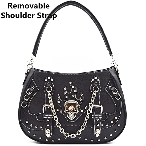 WESTERN ORIGIN Punk Gothic Skull Chain Crossbody Handbag Removable Strap Purse Women Single Shoulder Bag/Wallet Black