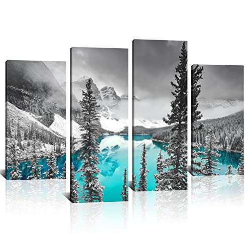 Derkymo 4 Pieces Teal Blue Moraine Lake Wall Art Black and White Canada Rocky Mountain Picture Landscape Print On Canvas Giclee Artwork for Wall Decor Easy to Hang 12"x24"x2pcs+12"x32"x2pcs