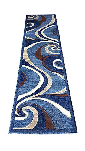 Modern Runner Contemporary Area Rug Blue Brown Carpet King Design 144 (2 Feet X 7 Feet 3 Inch)