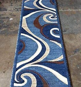 Modern Runner Contemporary Area Rug Blue Brown Carpet King Design 144 (2 Feet X 7 Feet 3 Inch)