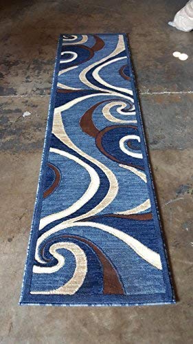 Modern Runner Contemporary Area Rug Blue Brown Carpet King Design 144 (2 Feet X 7 Feet 3 Inch)