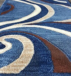 Modern Runner Contemporary Area Rug Blue Brown Carpet King Design 144 (2 Feet X 7 Feet 3 Inch)