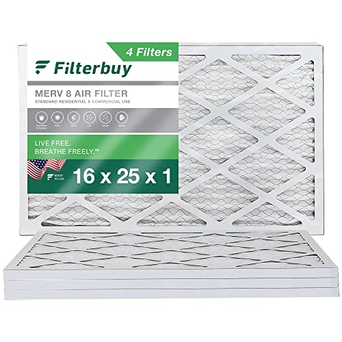 Filterbuy 16x25x1 Air Filter MERV 8 Dust Defense (4-Pack), Pleated HVAC AC Furnace Air Filters Replacement (Actual Size: 15.50 x 24.50 x 0.75 Inches)