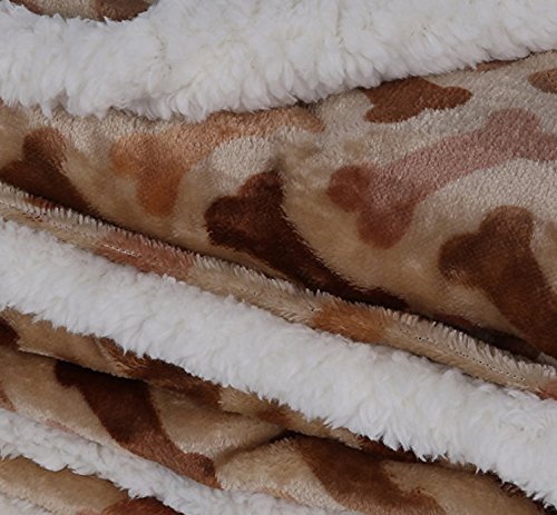 Longrich Flannel Dog Bone Print & Ultra Soft Sherpa Throw Blanket, 60" L X 50" W, Taupe