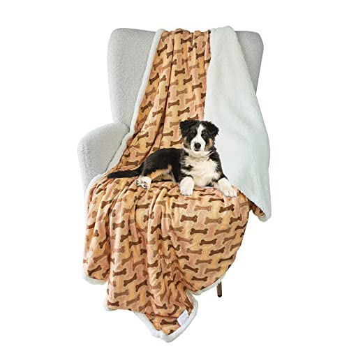 Longrich Flannel Dog Bone Print & Ultra Soft Sherpa Throw Blanket, 60" L X 50" W, Taupe