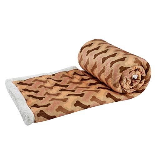 Longrich Flannel Dog Bone Print & Ultra Soft Sherpa Throw Blanket, 60" L X 50" W, Taupe