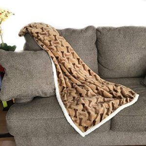 Longrich Flannel Dog Bone Print & Ultra Soft Sherpa Throw Blanket, 60" L X 50" W, Taupe