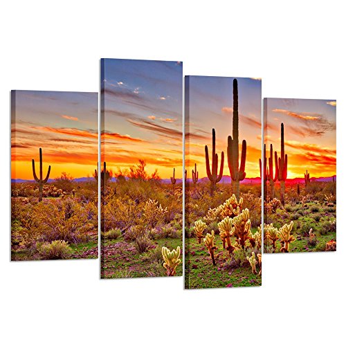 Kreative Arts - Colorfull Sunset with Saguaros Landscape Canvas Wall Art Sonoran Desert Picture Gallery Wrapped Botanical Cactus in Arizona Picture Print on Canvas for Living Room