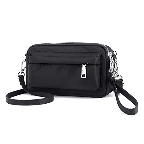 YANAIER Multi-Zipper Crossbody Handbag Purse, Women's Nylon Wristlet Mini Crossbody Bag Clutch with 2 Straps Black