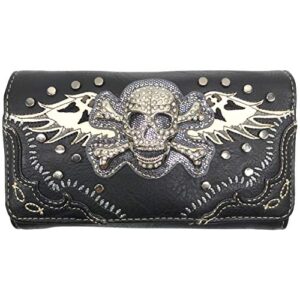 zelris skull crossbones angel wings heart women crossbody trifold wallet (black)