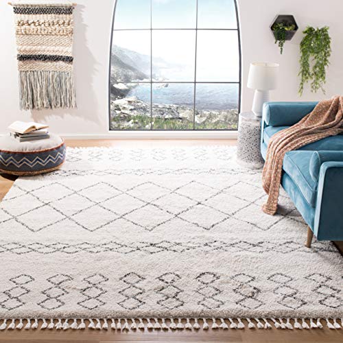 SAFAVIEH Moroccan Fringe Shag Collection 5'3" x 7'6" Ivory/Grey MFG343A Boho Tribal Non-Shedding Living Room Bedroom Dining Room Entryway Plush 2-inch Thick Area Rug