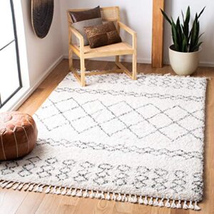 SAFAVIEH Moroccan Fringe Shag Collection 5'3" x 7'6" Ivory/Grey MFG343A Boho Tribal Non-Shedding Living Room Bedroom Dining Room Entryway Plush 2-inch Thick Area Rug