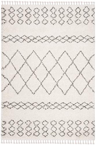 SAFAVIEH Moroccan Fringe Shag Collection 5'3" x 7'6" Ivory/Grey MFG343A Boho Tribal Non-Shedding Living Room Bedroom Dining Room Entryway Plush 2-inch Thick Area Rug