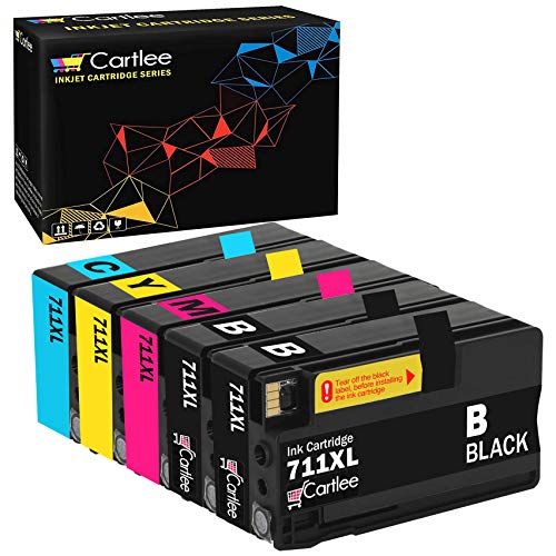 Cartlee Set of 5 Compatible 711XL 711 High Yield Ink Cartridges for HP Designjet T120 T520 Printers (2 Black, 1 Cyan, 1 Magenta, 1 Yellow)