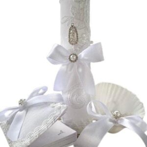 Baptism White Candle Set with Lady of Guadalupe Medal and Pearls Details