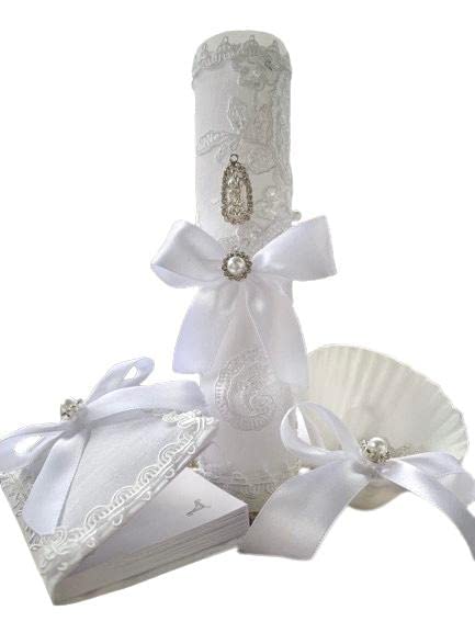 Baptism White Candle Set with Lady of Guadalupe Medal and Pearls Details