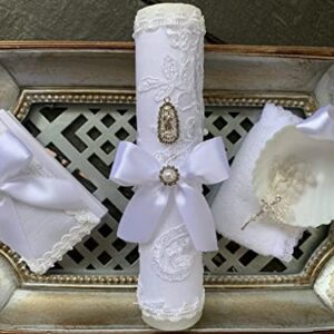 Baptism White Candle Set with Lady of Guadalupe Medal and Pearls Details