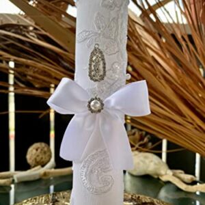 Baptism White Candle Set with Lady of Guadalupe Medal and Pearls Details