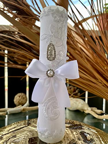 Baptism White Candle Set with Lady of Guadalupe Medal and Pearls Details