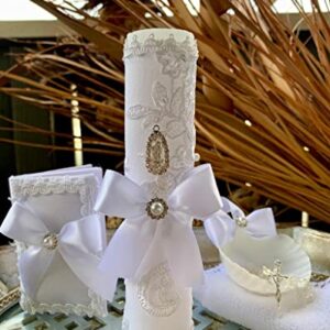 Baptism White Candle Set with Lady of Guadalupe Medal and Pearls Details