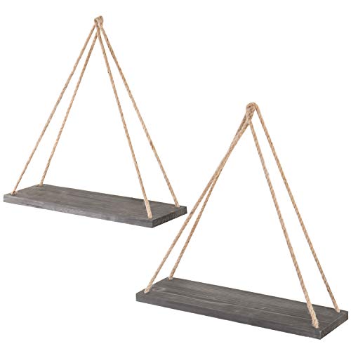 MyGift 17-inch Dark Gray Wood Hanging Rope Swing Shelves, Set of 2