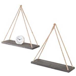 MyGift 17-inch Dark Gray Wood Hanging Rope Swing Shelves, Set of 2