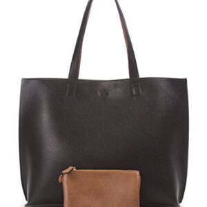 Overbrooke Reversible Tote Bag - Vegan Leather Womens Shoulder Tote with Wristlet, Black/Light Brown, Large