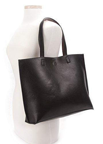 Overbrooke Reversible Tote Bag - Vegan Leather Womens Shoulder Tote with Wristlet, Black/Light Brown, Large