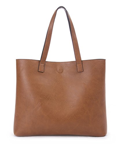 Overbrooke Reversible Tote Bag - Vegan Leather Womens Shoulder Tote with Wristlet, Black/Light Brown, Large