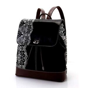 Black And Lace PU Leather Backpack Fashion Shoulder Bag Rucksack Travel Bag for Women Girls