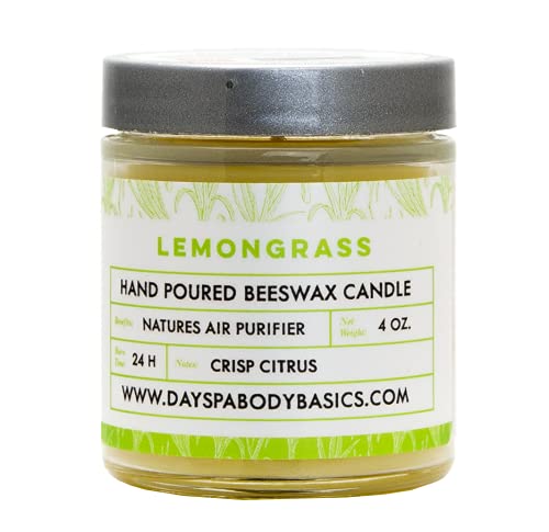 Lemongrass Hand-Poured Beeswax Candle - All-Natural Essential Oil Scented, Cotton Braided Wick, Chemical-Free, Smokeless, Cleans Air, Non-Toxic, Non-Polluting, Non-Allergenic, Handmade in USA