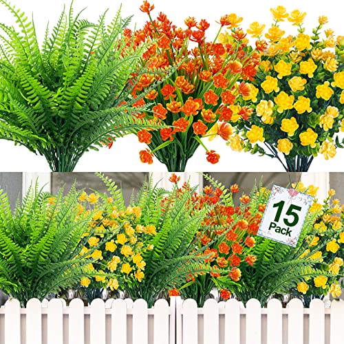 Camlinbo 15 Bundle Artificial Flowers Outdoor Spring Summer Decorations Artificial Boston Fern UV Resistant Fake Plants Faux Plastic Flowers for Home Garden Outside Porch Decor Hanging Planters(Mixed)