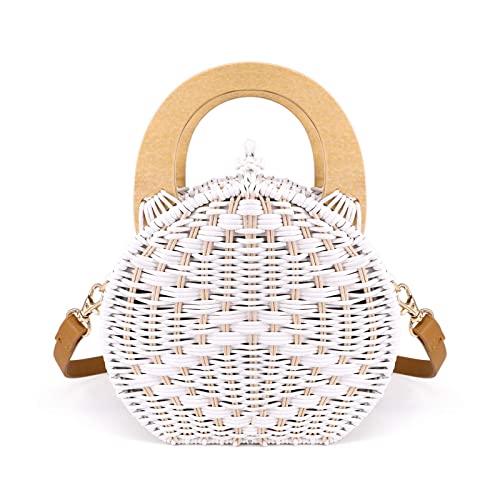 QTKJ Hand-Woven Round Rattan Wooden Handle Tote Bag Summer Beach Straw Crossbody Bag Shoulder Bag with Adjustable Leather Shoulder Strap (White)