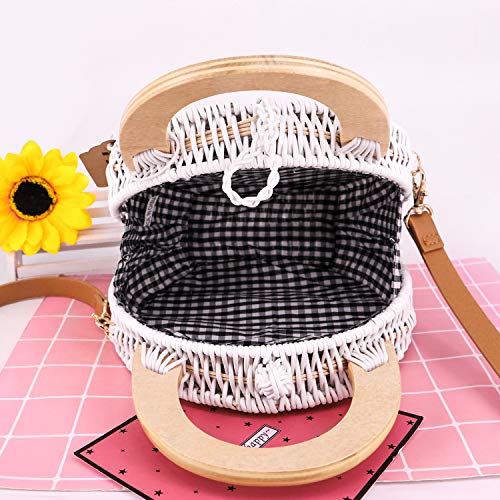 QTKJ Hand-Woven Round Rattan Wooden Handle Tote Bag Summer Beach Straw Crossbody Bag Shoulder Bag with Adjustable Leather Shoulder Strap (White)