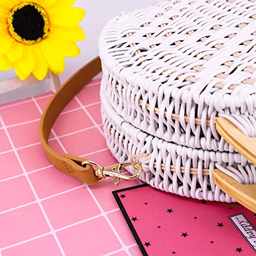 QTKJ Hand-Woven Round Rattan Wooden Handle Tote Bag Summer Beach Straw Crossbody Bag Shoulder Bag with Adjustable Leather Shoulder Strap (White)