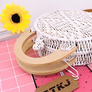 QTKJ Hand-Woven Round Rattan Wooden Handle Tote Bag Summer Beach Straw Crossbody Bag Shoulder Bag with Adjustable Leather Shoulder Strap (White)