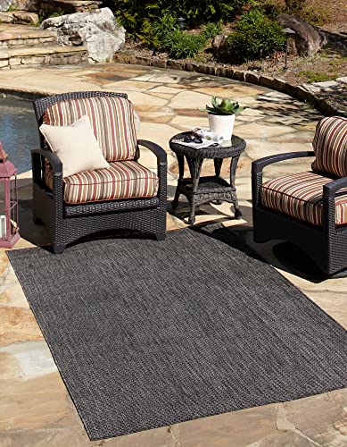 Unique Loom Collection Casual Transitional Solid Heathered Indoor/Outdoor Flatweave Area Rug, Rectangular 5' 0" x 6' 0", Black/Beige