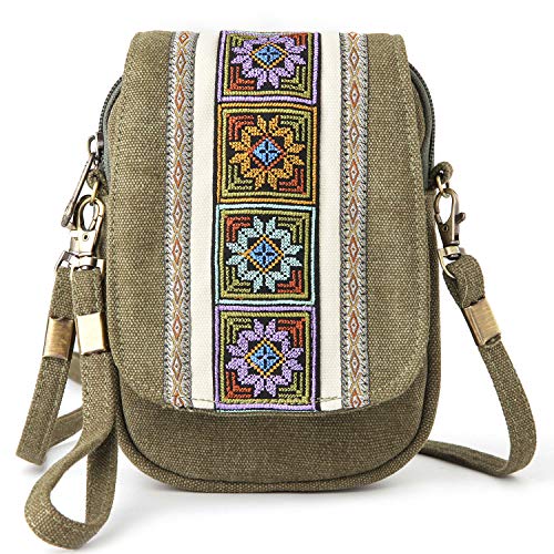 MAZEXY Cellphone Embroidered Wristlet Bag Mini Crossbody Bag Nylon Wallets Purses (GreenCanvas)