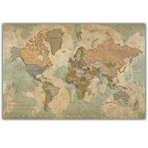 personalized push pin world map on canvas in vintage earth tones, customize with your names and favorite travel quote, choose from 3 sizes, push pins included, world map pin board