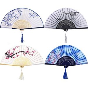 Zonon Handheld Floral Folding Fans Hand Held Fans Silk Bamboo Fans with Tassel Women's Hollowed Bamboo Hand Holding Fans for Women and Men (White, Blue, Dark Blue and Black)