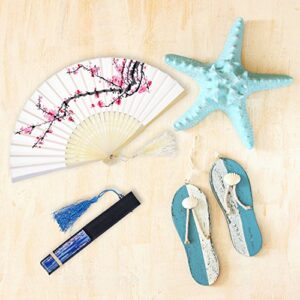 Zonon Handheld Floral Folding Fans Hand Held Fans Silk Bamboo Fans with Tassel Women's Hollowed Bamboo Hand Holding Fans for Women and Men (White, Blue, Dark Blue and Black)