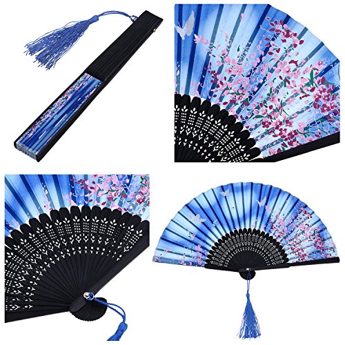 Zonon Handheld Floral Folding Fans Hand Held Fans Silk Bamboo Fans with Tassel Women's Hollowed Bamboo Hand Holding Fans for Women and Men (White, Blue, Dark Blue and Black)