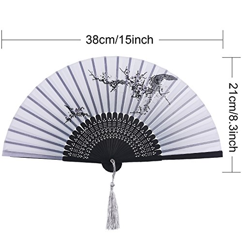 Zonon Handheld Floral Folding Fans Hand Held Fans Silk Bamboo Fans with Tassel Women's Hollowed Bamboo Hand Holding Fans for Women and Men (White, Blue, Dark Blue and Black)