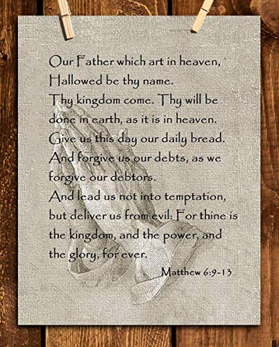 "The Lords Prayer w/Folded Hands"- Scripture Wall Art Print-8 x 10"- Ready to Frame. Home Décor-Kitchen-Dining Décor- Christian Gifts. Universal Biblical Prayer-Matthew 6: 9-13 With Linen Texture Look