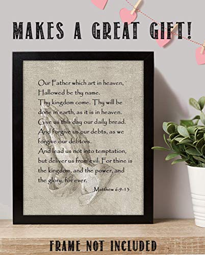 "The Lords Prayer w/Folded Hands"- Scripture Wall Art Print-8 x 10"- Ready to Frame. Home Décor-Kitchen-Dining Décor- Christian Gifts. Universal Biblical Prayer-Matthew 6: 9-13 With Linen Texture Look