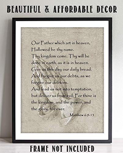 "The Lords Prayer w/Folded Hands"- Scripture Wall Art Print-8 x 10"- Ready to Frame. Home Décor-Kitchen-Dining Décor- Christian Gifts. Universal Biblical Prayer-Matthew 6: 9-13 With Linen Texture Look