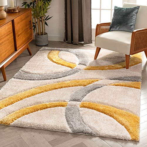 Well Woven Olly Yellow Geometric Stripes Thick Soft Plush 3D Textured Shag Area Rug 8x10 (7'10" x 9'10")